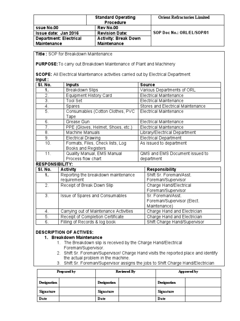 SOP for Electrical Breakdown Maintenance | PDF | Electrician | Personal ...