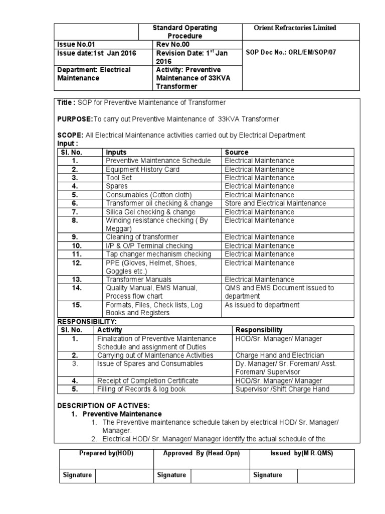 SOP 33kVA Transformer Maintenance | PDF | Personal Protective Equipment ...