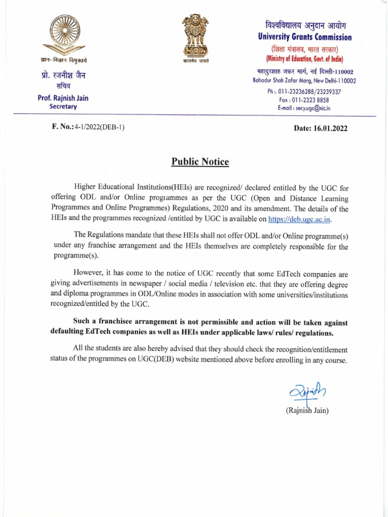 UGC Notice on Online Degree Programs | PDF