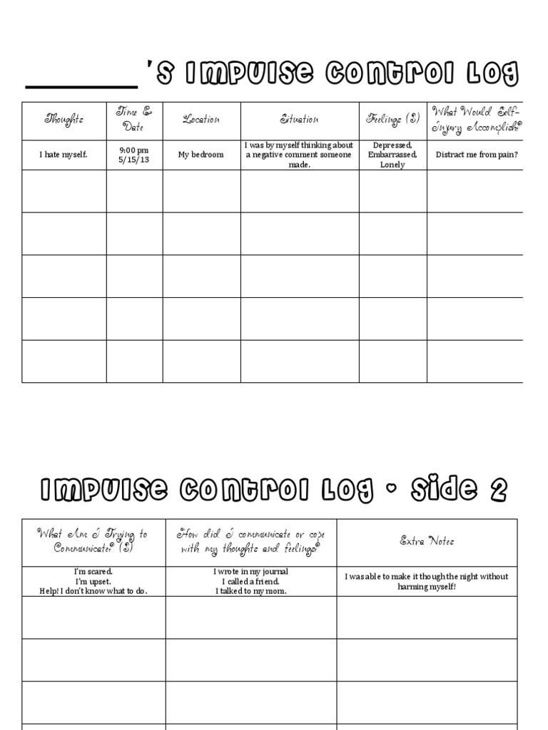 S Impulse Control Log: Thoughts Time & Date Location Situation Feelings ...