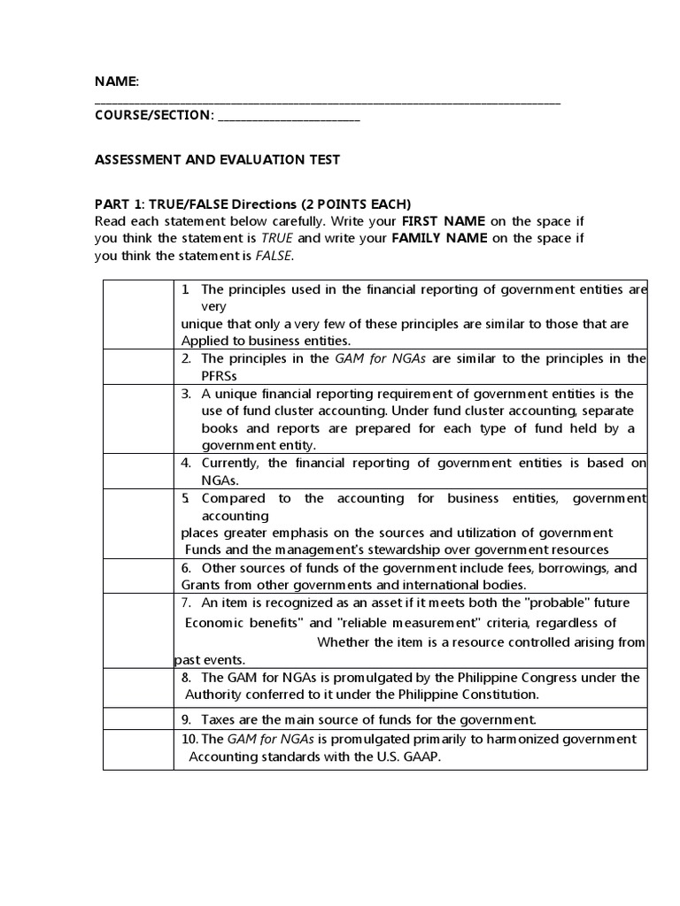 Assessment and Evaluation Test | PDF | Financial Statement | Accounting