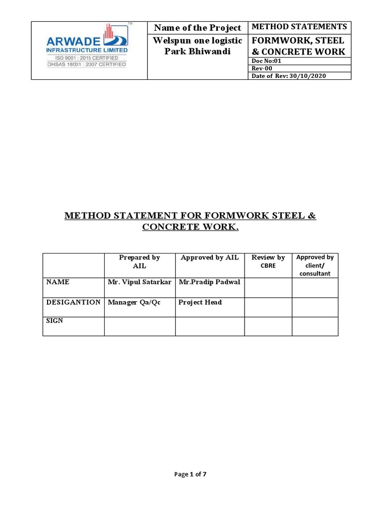 1) Method Statement For FORMWORK STEEL & CONCRETE WORK | PDF | Concrete ...