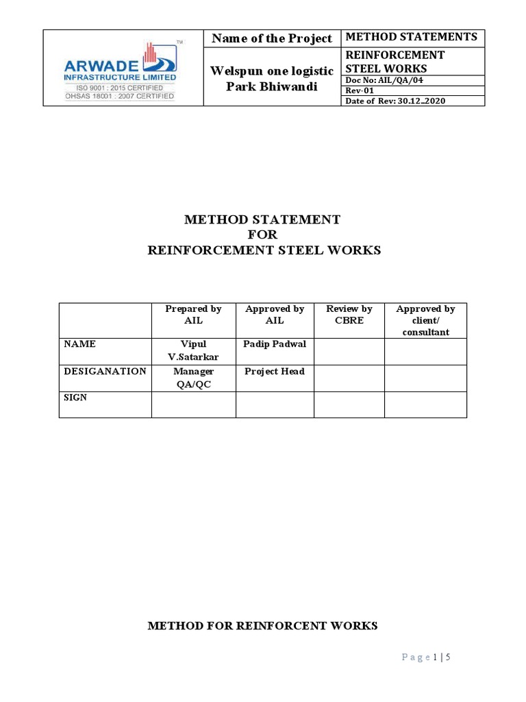 4) Method Statement For Steel Work | PDF | Concrete | Steel