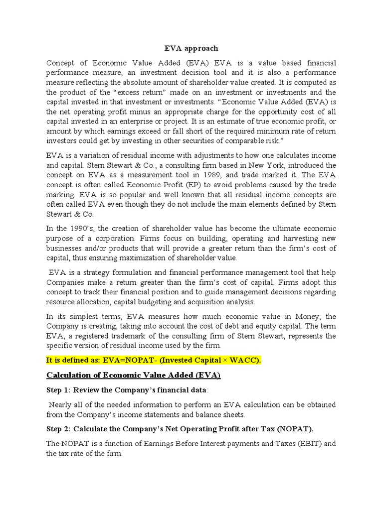 EVA Approach: Calculation of Economic Value Added (EVA) | PDF | Cost Of ...