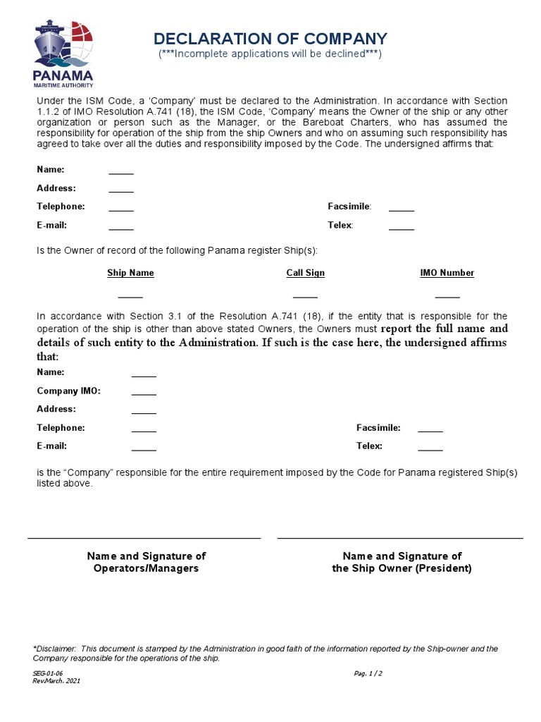 Declaration of Company: ( Incomplete Applications Will Be Declined ...