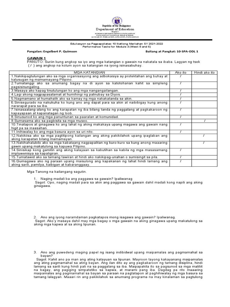 Quarter 3 EsP 10 Performance Task 3 | PDF