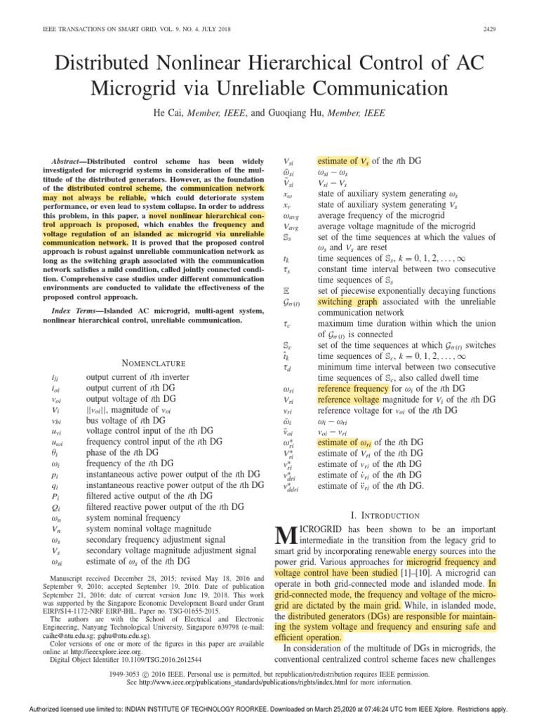 Distributed Nonlinear Hierarchical Control of AC Microgrid Via Unreliable Communication | PDF ...