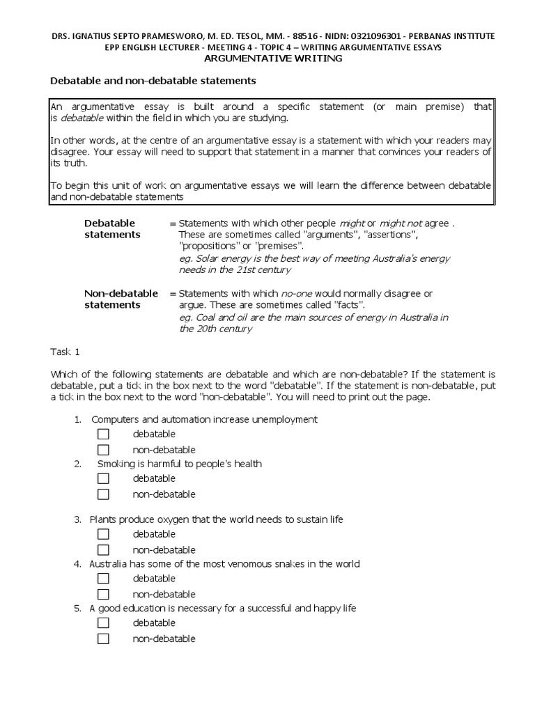 IV - MEETING 4-6-ARGUMENTATIVE WRITING - Debatable and Non-Debatable ...
