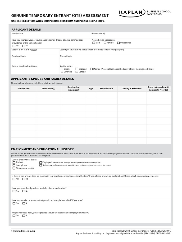 Kaplan Business School GTE Assessment Form | PDF | Travel Visa | Government