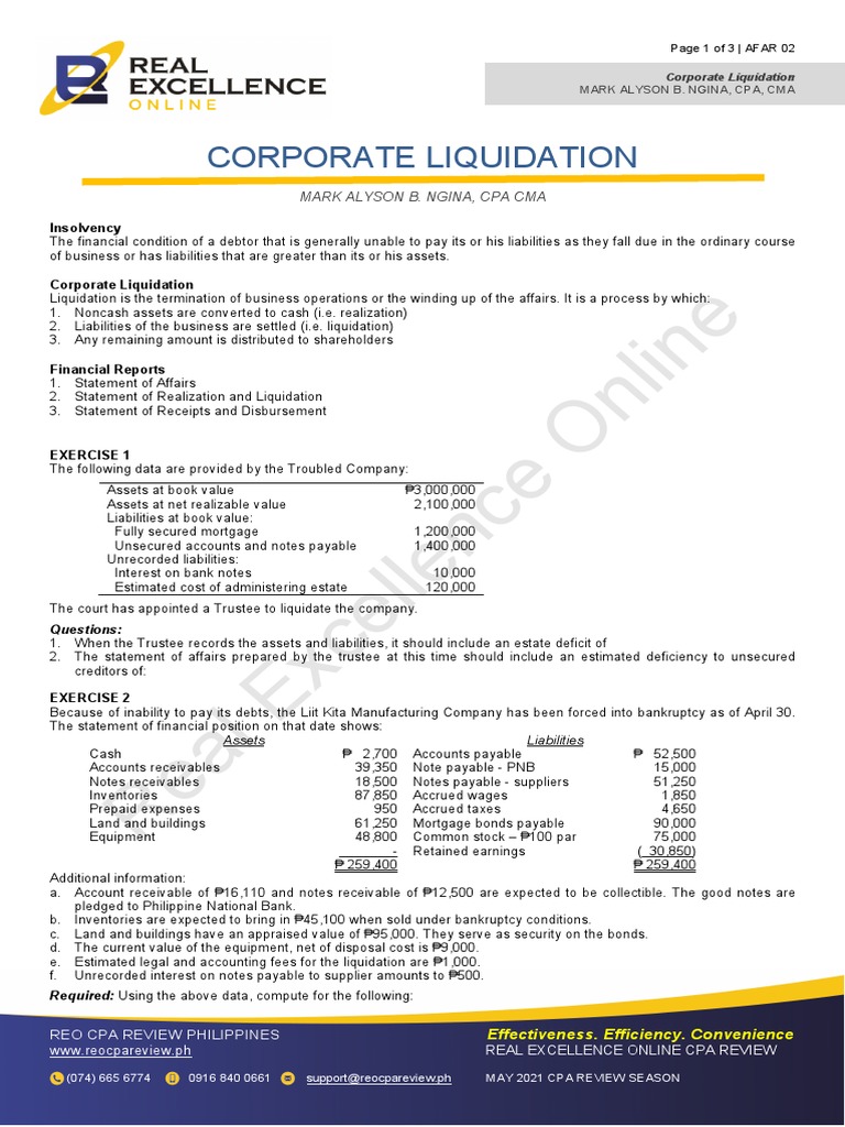 Afar 02 Corporate Liquidation Pdf Bankruptcy Liquidation