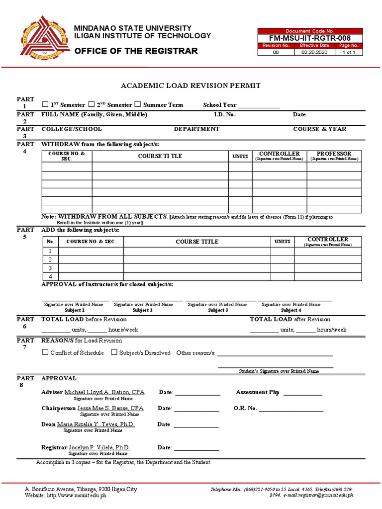 Academic Load Revision Permit | PDF | Written Communication