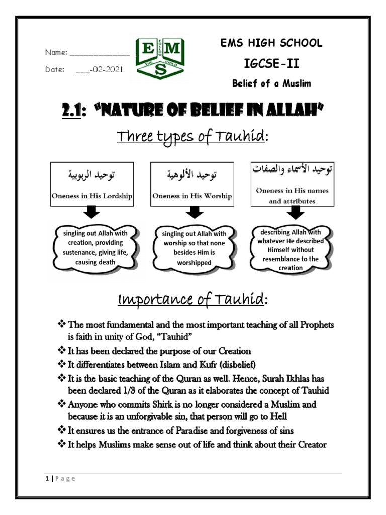 2.1: Nature of Belief in Allah Three Types of Tauhid:: Igcse-Ii | PDF ...