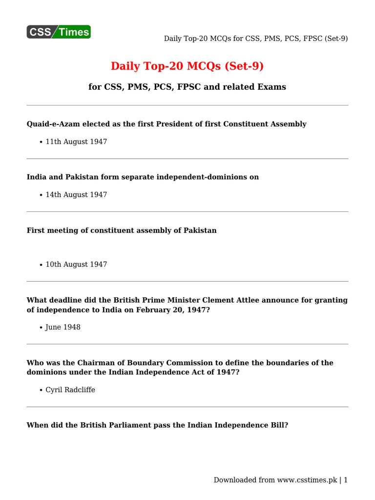 Daily Top 20 Mcqs For Css Pms Pcs Fpsc Set 9 Pdf