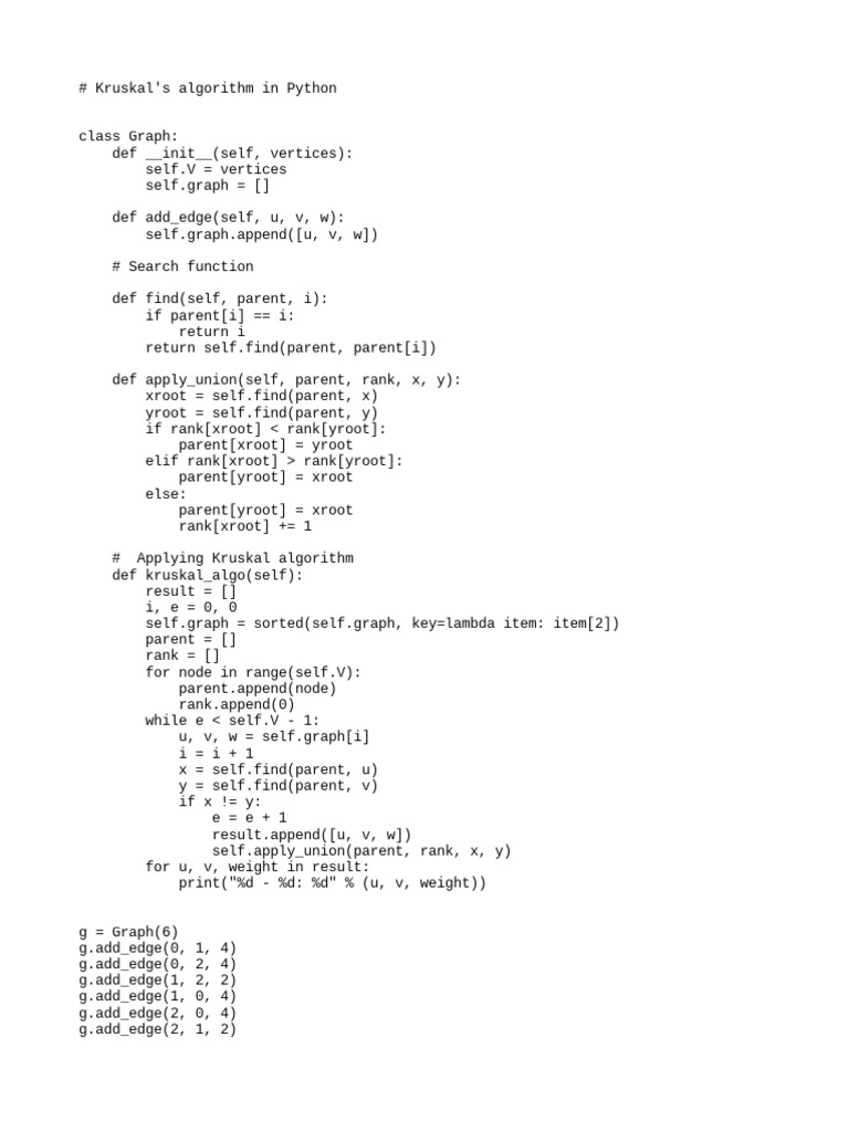 Kruskal's Algorithm Implementation in Python | PDF