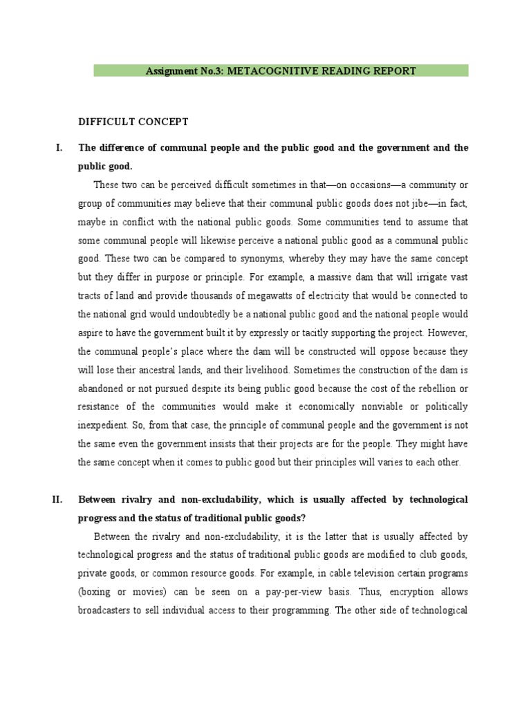 Assignment No.3 Metacognitive Reading Report | PDF | Economies