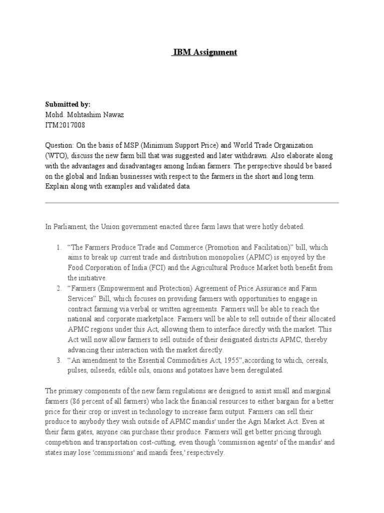 IBM Assignment: Submitted by | PDF | World Trade Organization | Agriculture