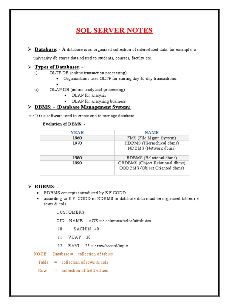 SQL Server Notes | PDF | Microsoft Sql Server | Relational Database SQL Server Notes | PDF | Microsoft Sql Server | Relational Database