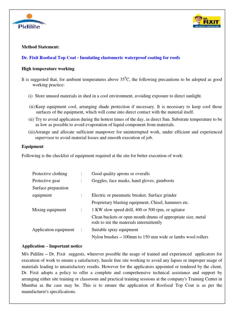 Method Statement:: Dr. Fixit Roofseal Top Coat - Insulating Elastomeric ...