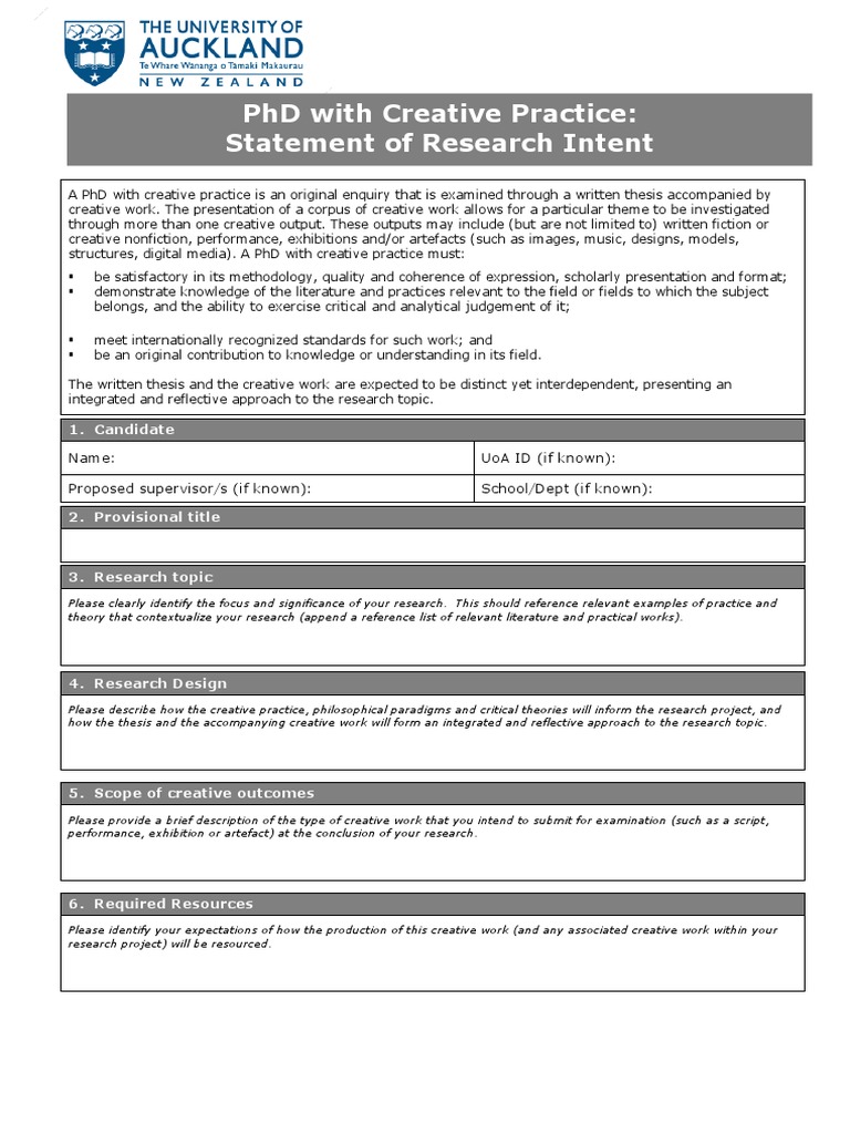 PHD With Creative Practice: Statement of Research Intent: 1. Candidate ...