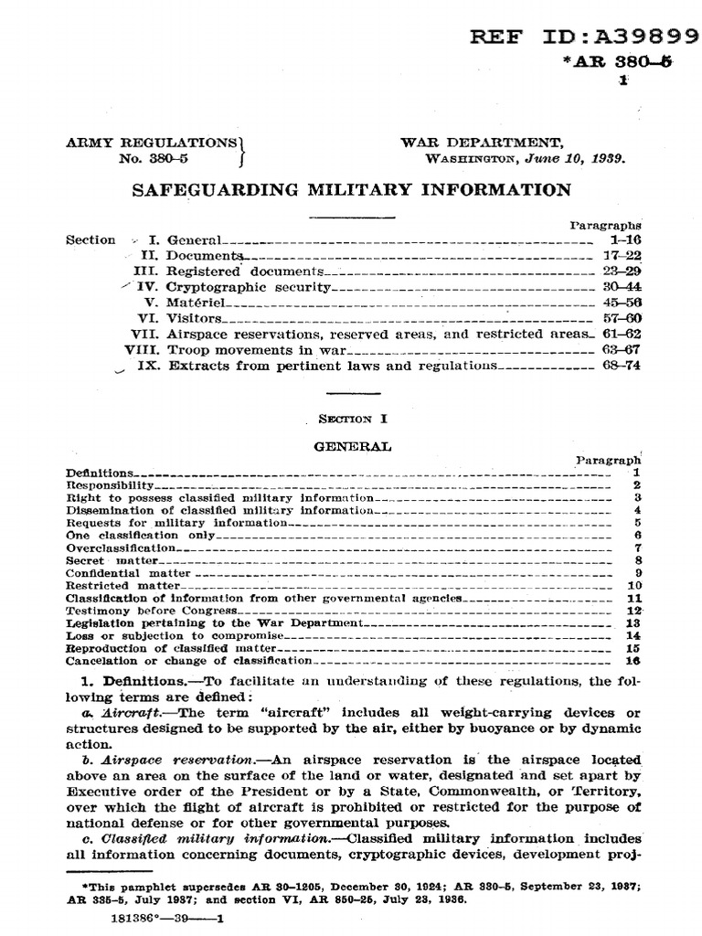 Safeguarding Military Information - Army Regulations No. 380-5 | PDF ...