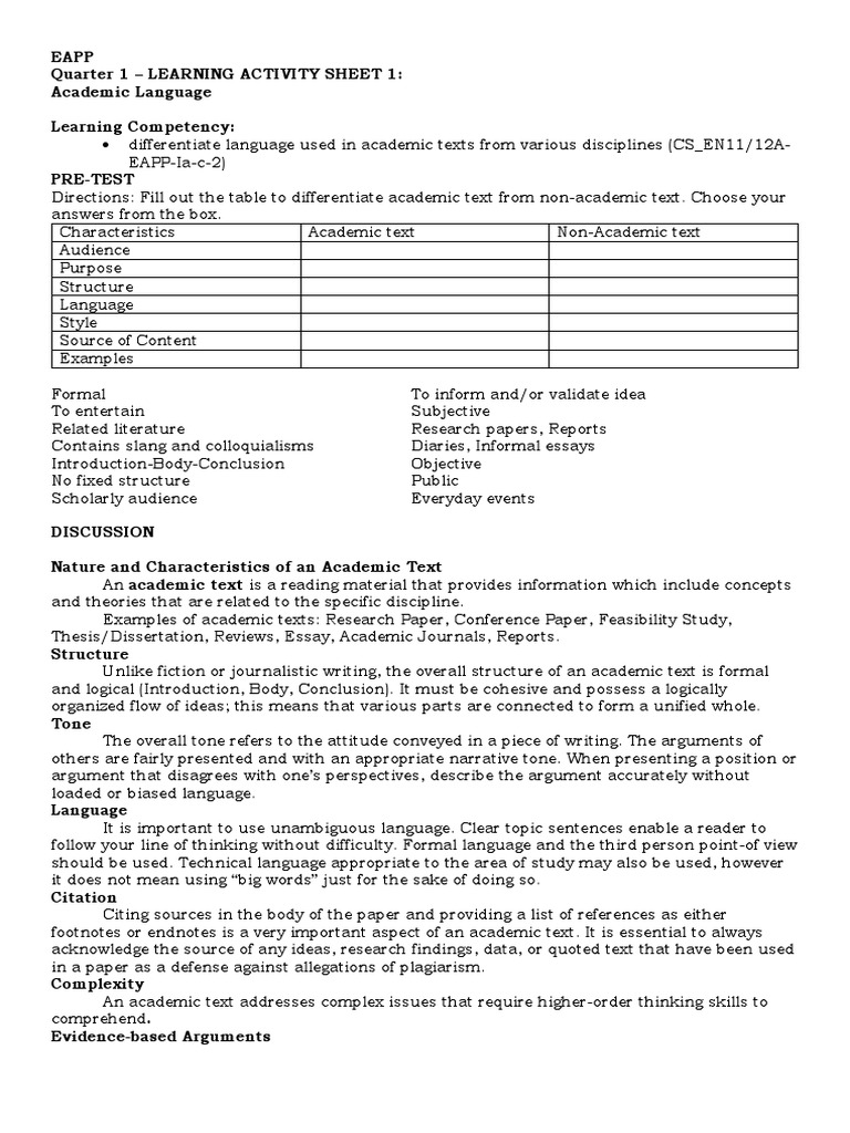 Eapp Quarter 1 - Learning Activity Sheet 1: Academic Language Learning ...