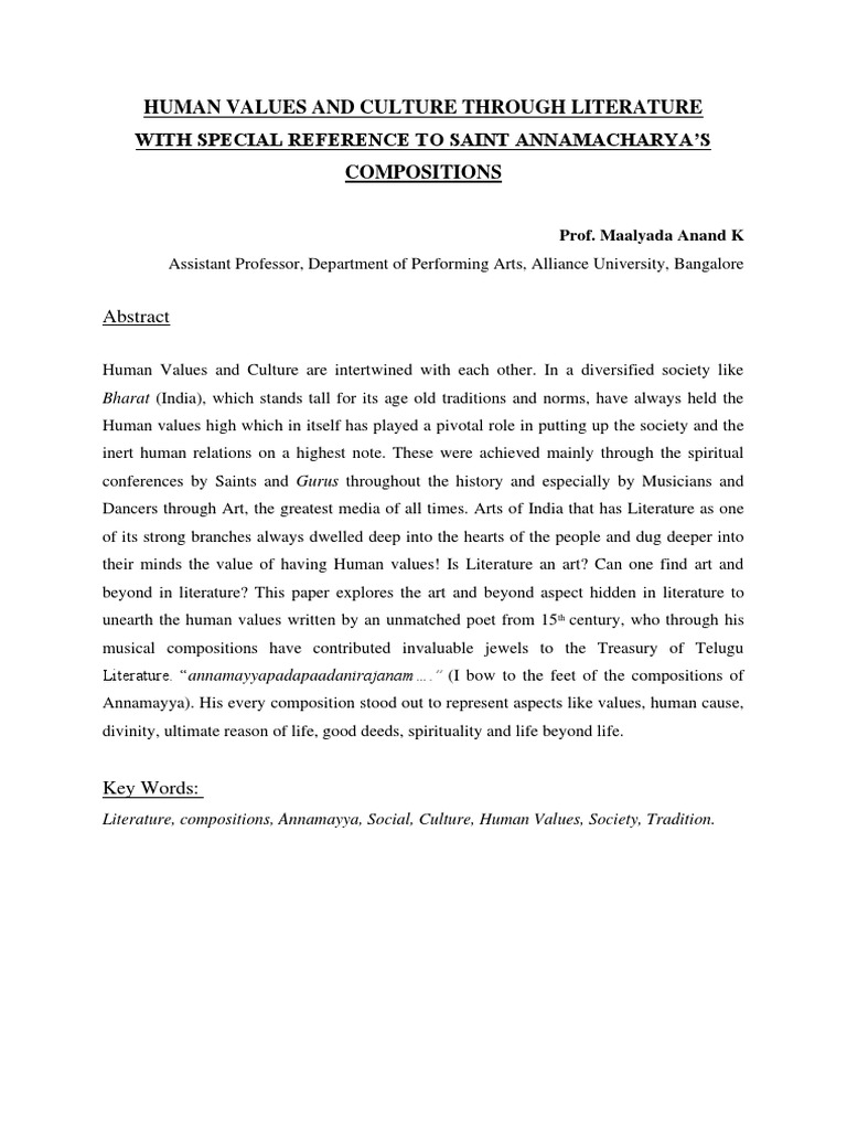 Human Values in Annamacharya's Literature | PDF | Value (Ethics)