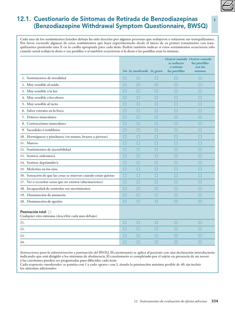 Cuestionario de Síntomas de Retirada de Benzodiazepinas (BWSQ) | PDF ...