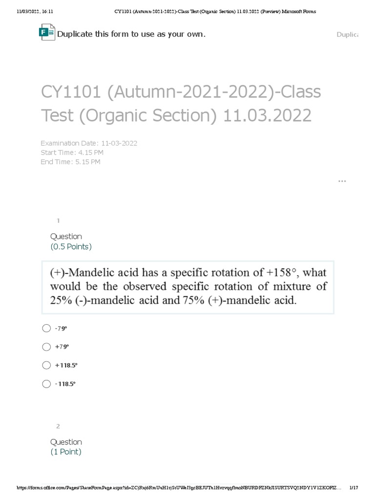 CY1101 (Autumn-2021-2022) - Class Test (Organic Section) 11.03.2022 ...