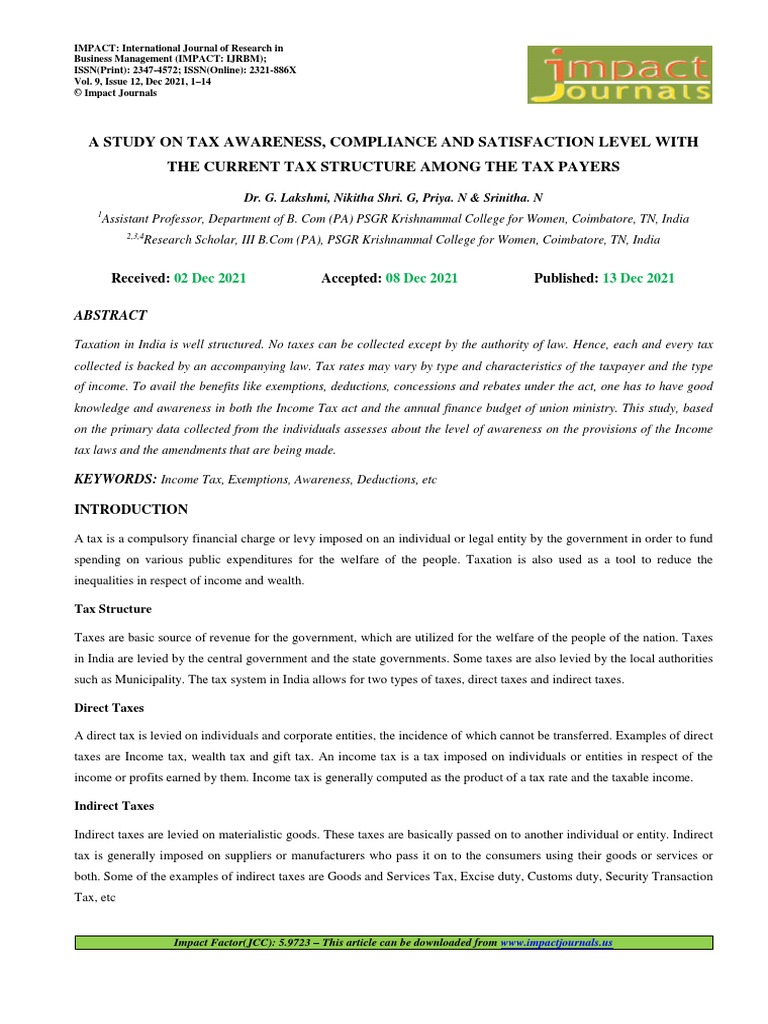 A Study On Tax Awareness Compliance And Satisfaction Level With The