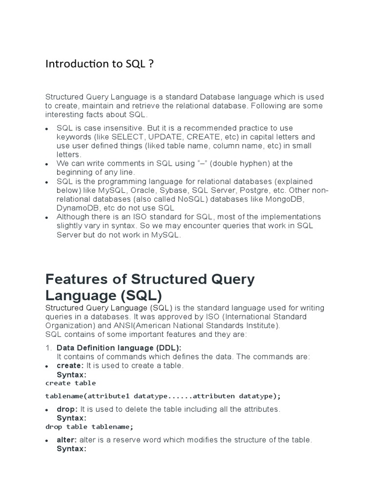 Features of Structured Query Language (SQL) | PDF | Sql | Databases