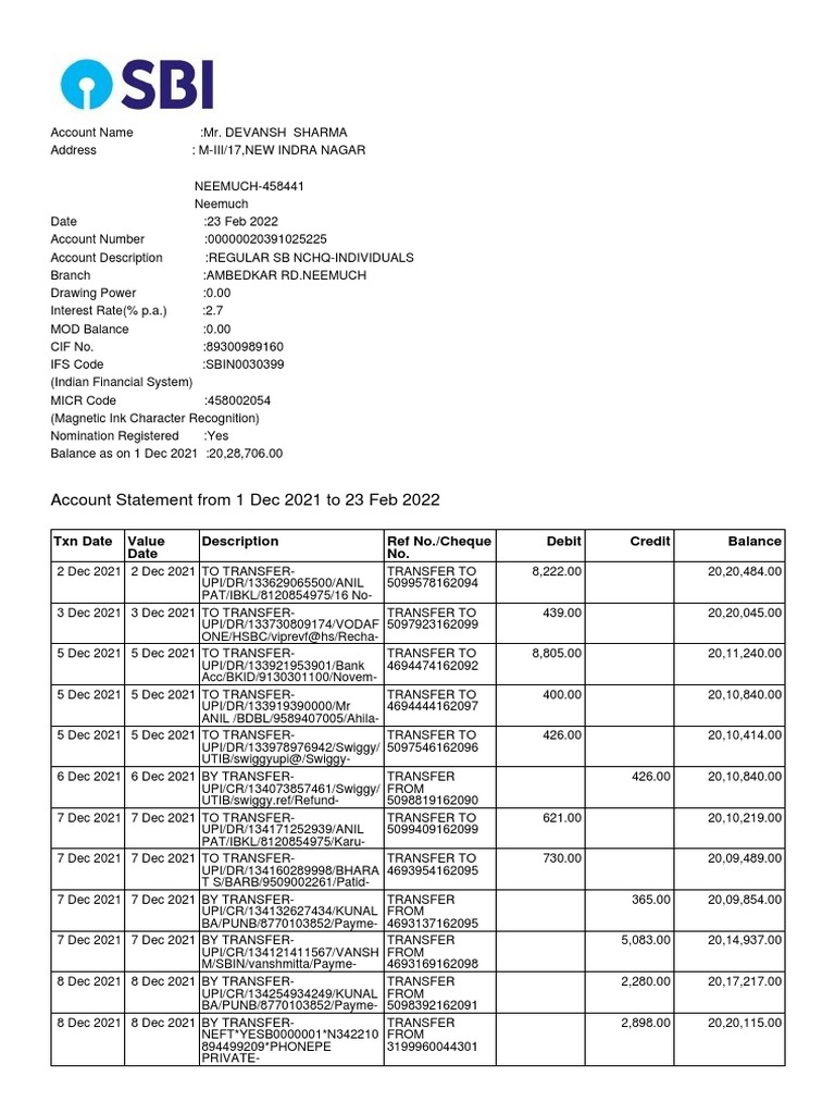 Bank account statement details for Mr. Devansh Sharma | PDF | Financial Services | Banking