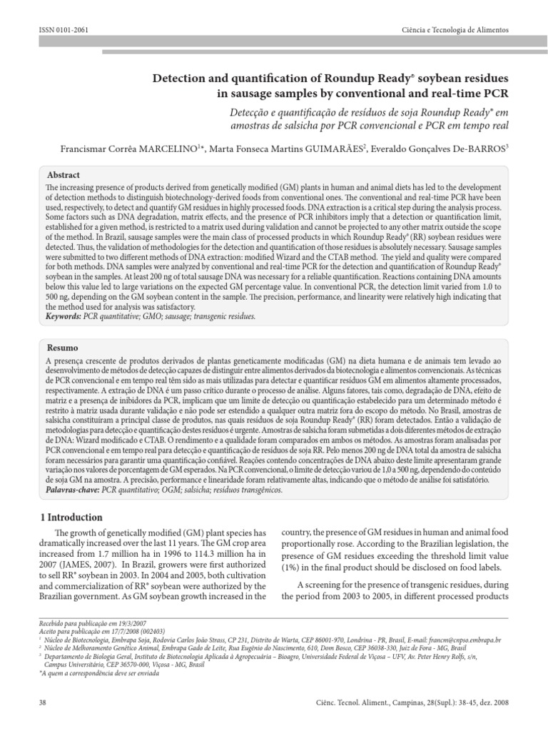 Detection and Quantification of Roundup Ready® Soybean Residues in Sausage Samples by ...