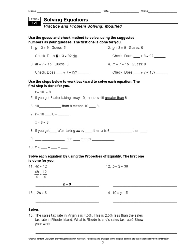 Solving Equations: Practice and Problem Solving: Modified | PDF ...
