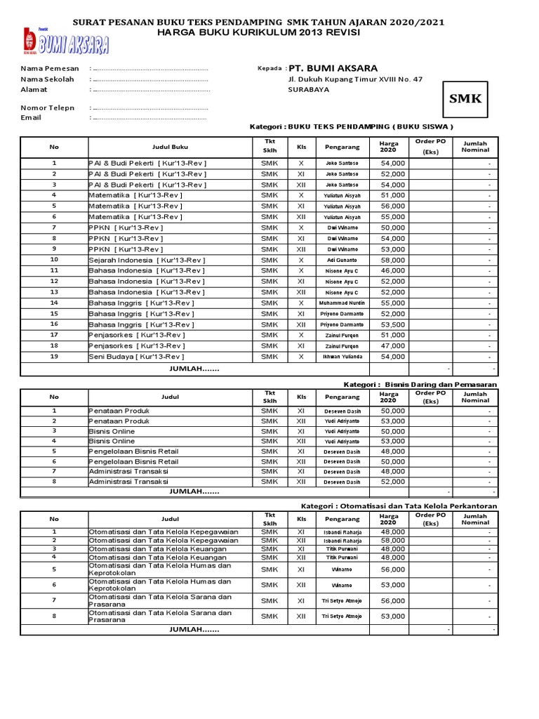 Form Rab SMK Bumi Aksara Tahun 2020 | PDF