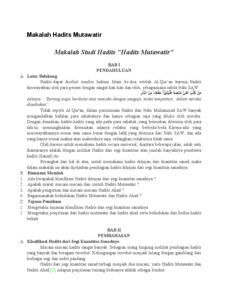 Makalah Hadits Mutawatir | PDF