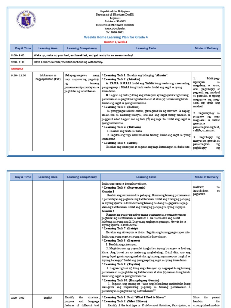 Grade 4 - All Subjects - WHLP - Q1 - W4 | PDF