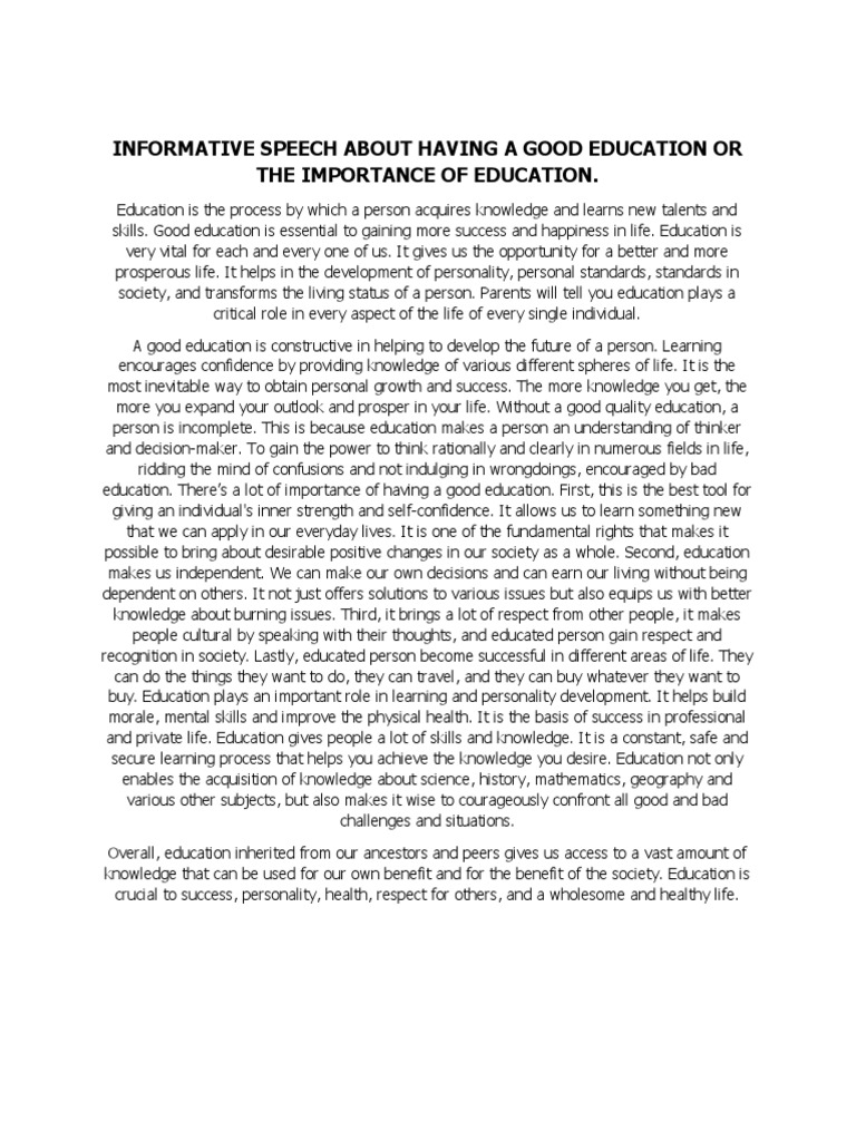 Informative Speech About The Importance of Education | PDF | Knowledge ...