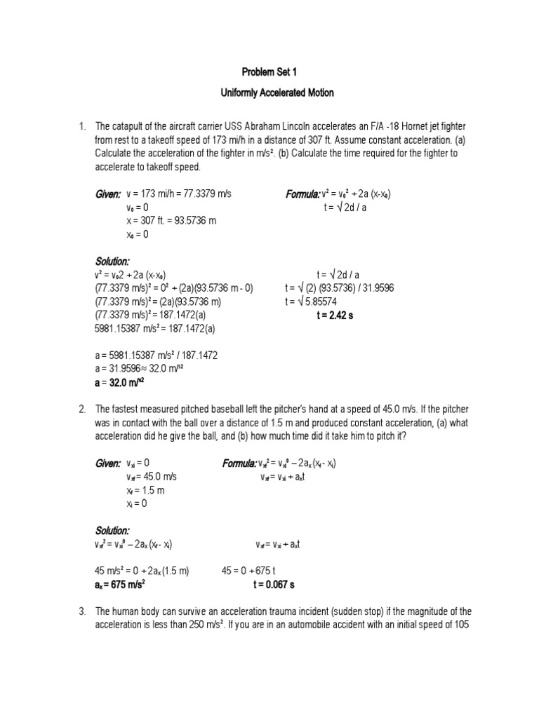 Physics - Uniformly Accelerated Motion - Problem Set 1 | PDF | Speed ...