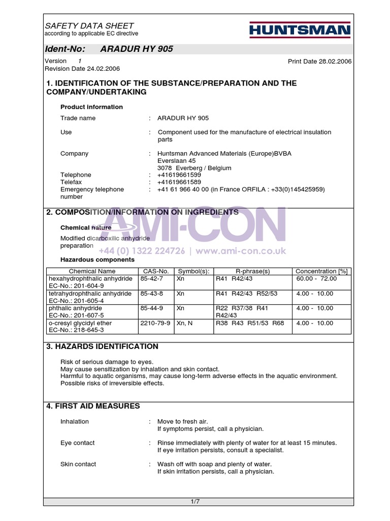 Huntsman Aradur HY 905 MSDS - Image.Marked | PDF