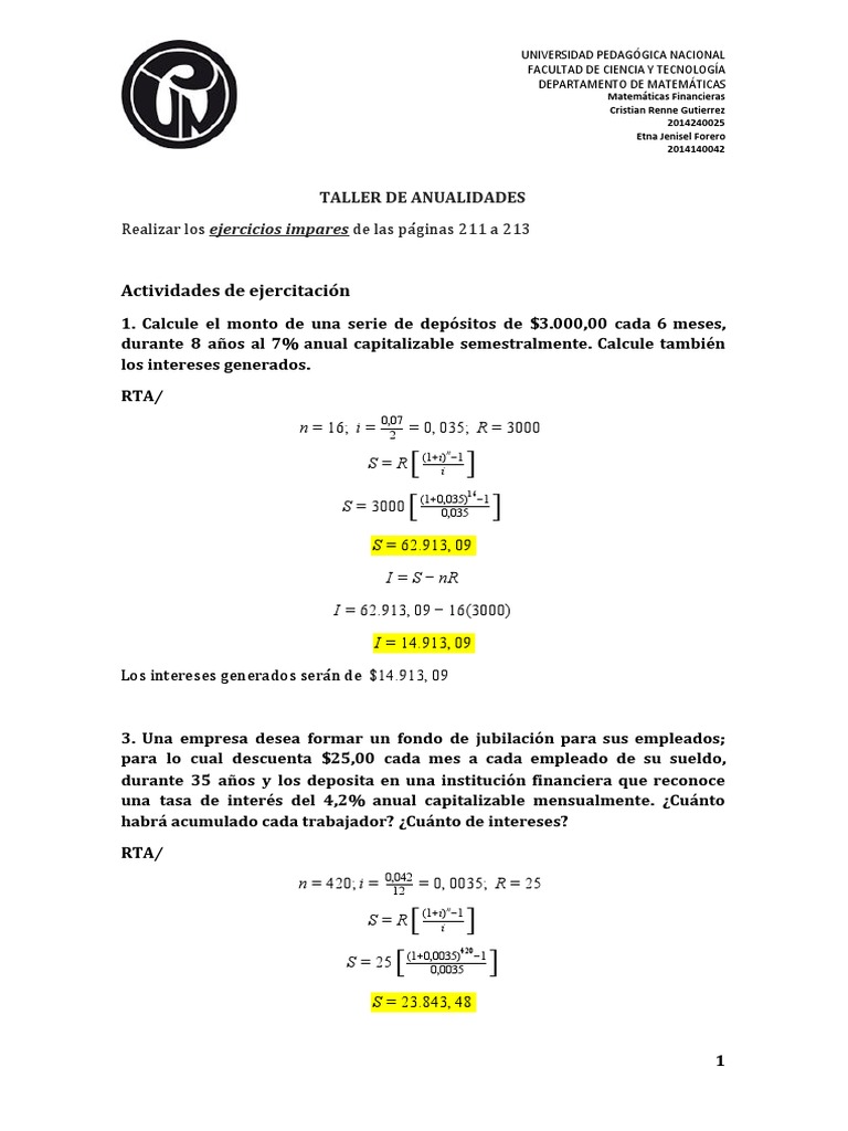 Taller de Anualidades | PDF | Economias | Servicios financieros