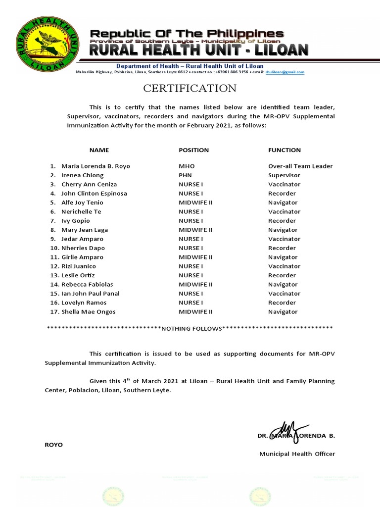 Certification - Rhu Liloan | PDF | Wellness