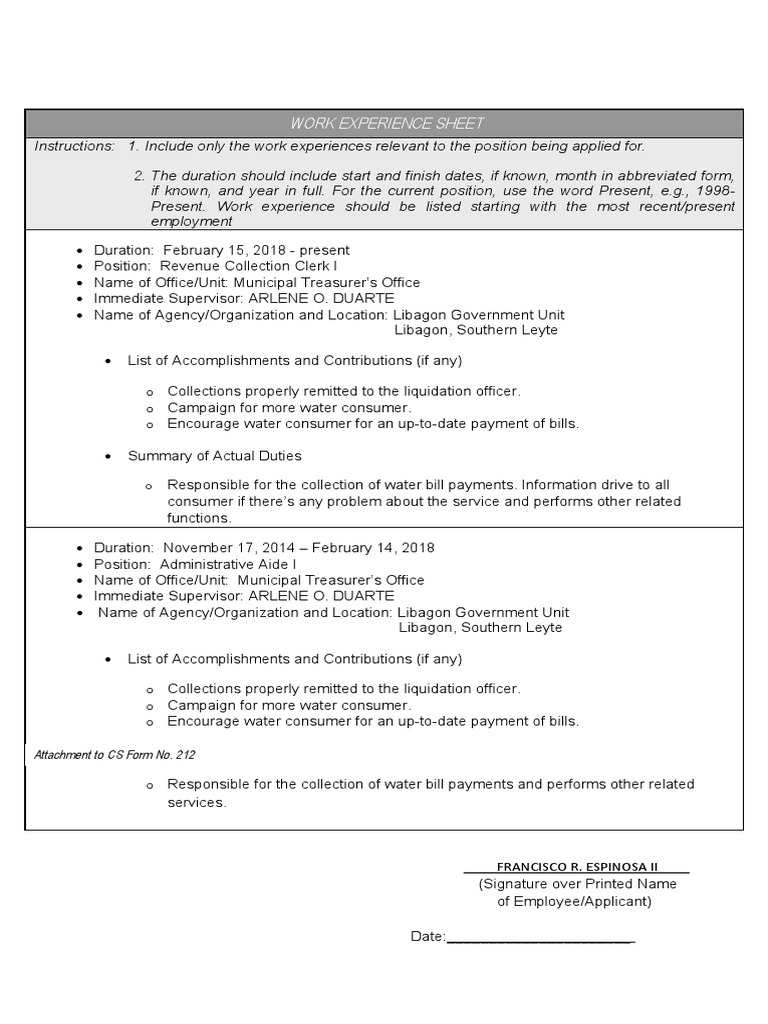 CS Form No. 212 Attachment Work Experience Sheet | PDF | Business ...