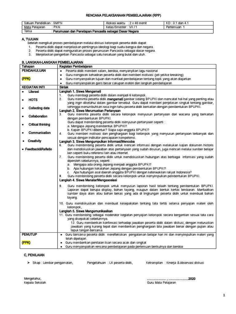 RPP KELAS 7 PPKN Covid | PDF