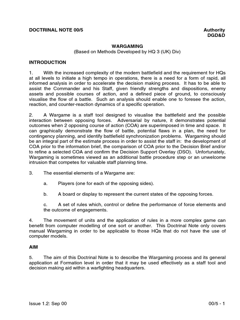Doctrinal Note 00-5 WARGAMING | PDF | Risk | Decision Making