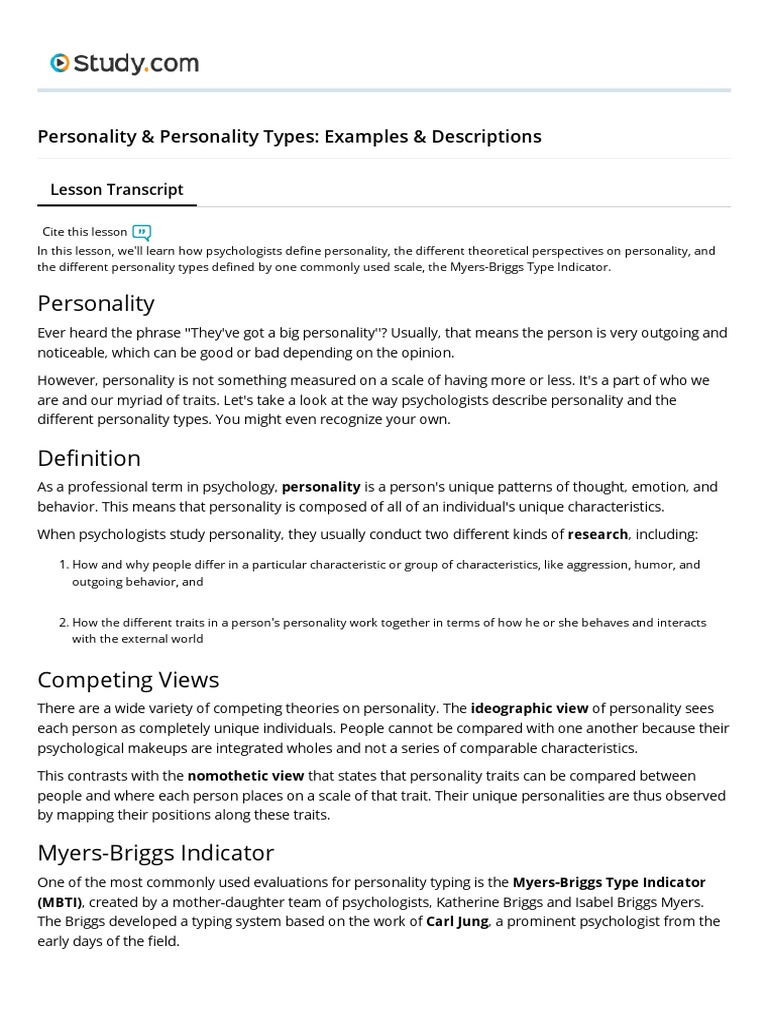 10.personality & Personality Types - Examples & Descriptions | PDF ...