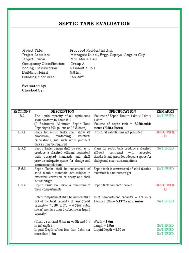 Septic Tank Evaluation: Evaluated By: Checked by | PDF | Septic Tank ...