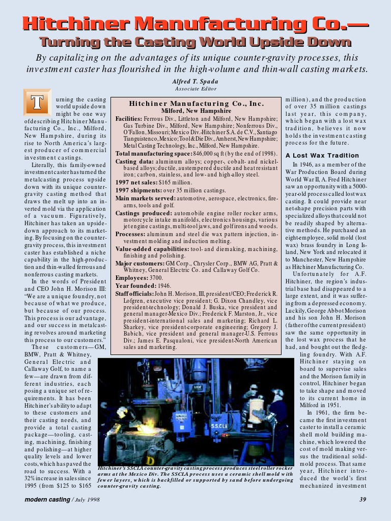 Hitchiner's Innovative Casting Process | PDF | Casting (Metalworking ...