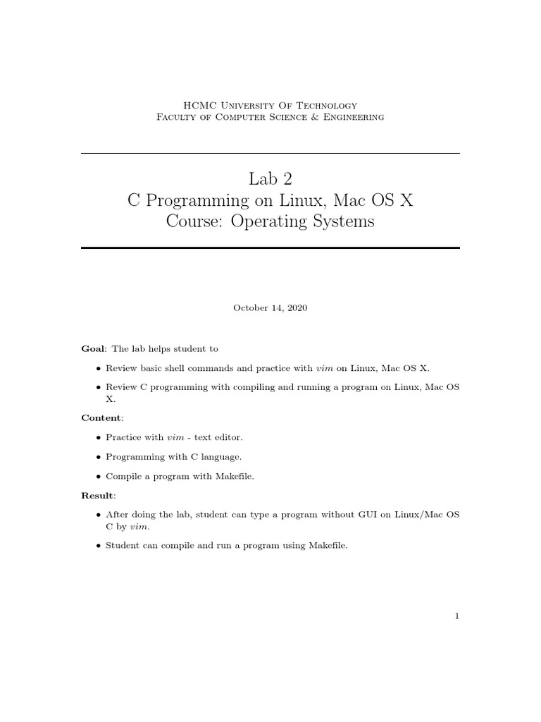 Lab 2 C Programming On Linux, Mac OS X Course: Operating Systems | PDF | Source Code | Compiler