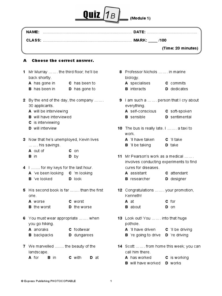13 OnScreen B2plus Quiz 1B | PDF