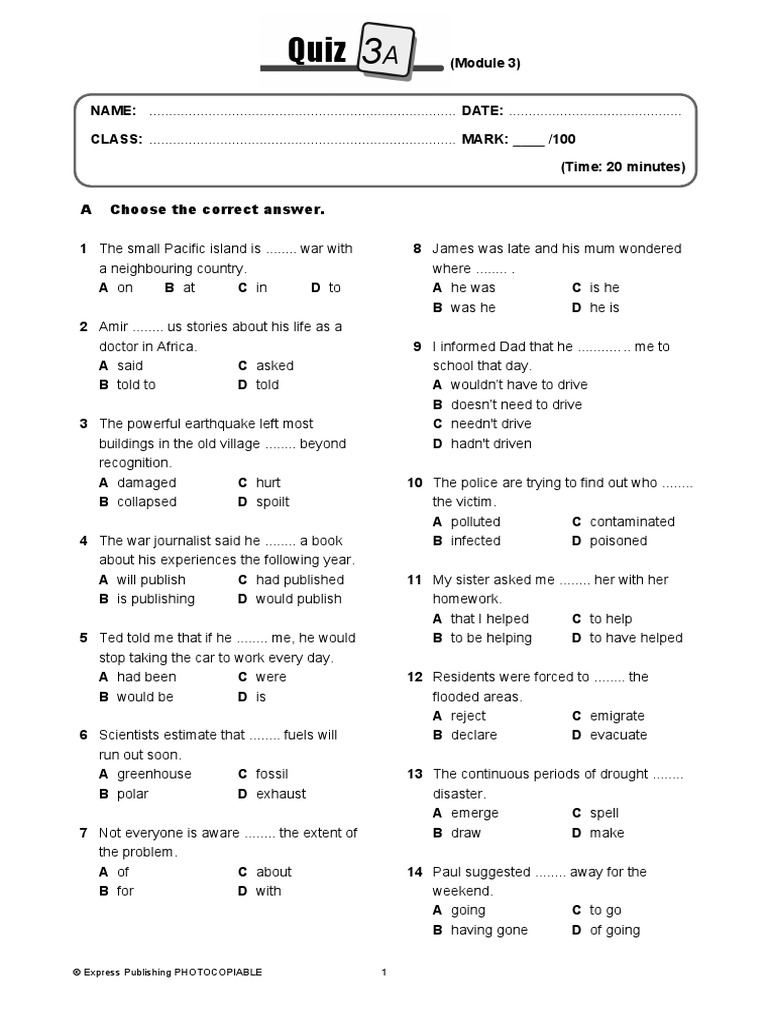 16 OnScreen B2plus Quiz 3A | PDF | Environmental Issues | Natural ...